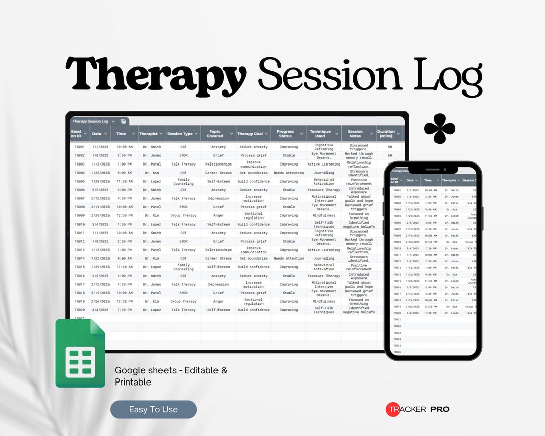 Therapy Session Log Google Sheets, Mental Health Notes Journal ...