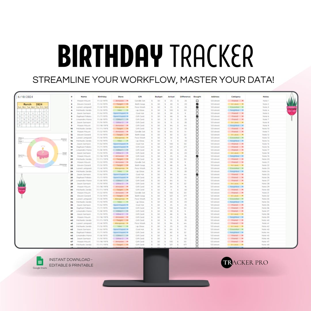 Birthday Tracker Template Excel Spreadsheet, Birthday Gift Tracker ...