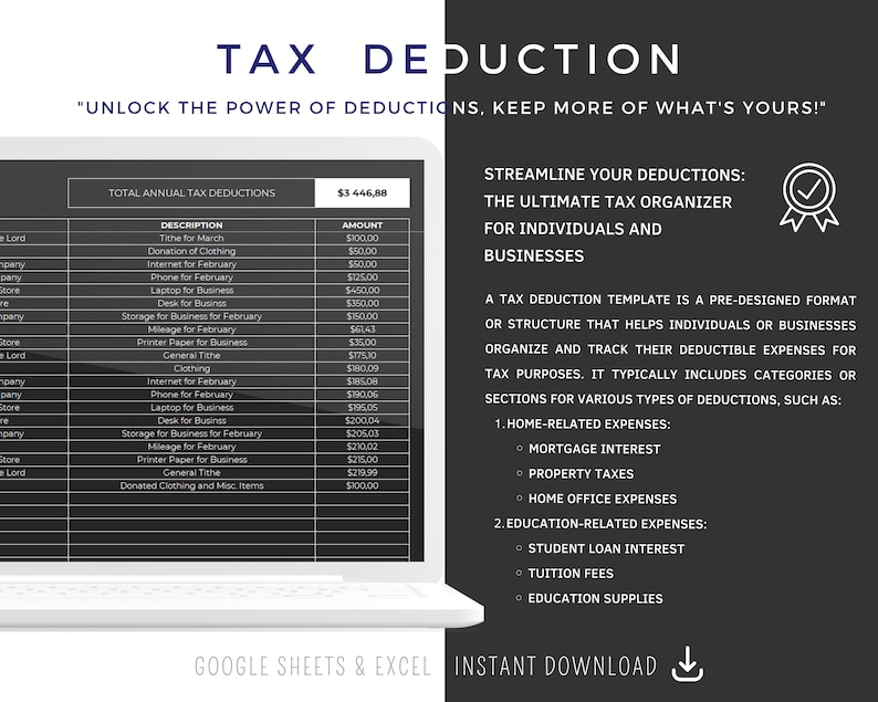 Editable Tax Deductions List, Tax Deduction Tracker Excel Spreadsheet ...