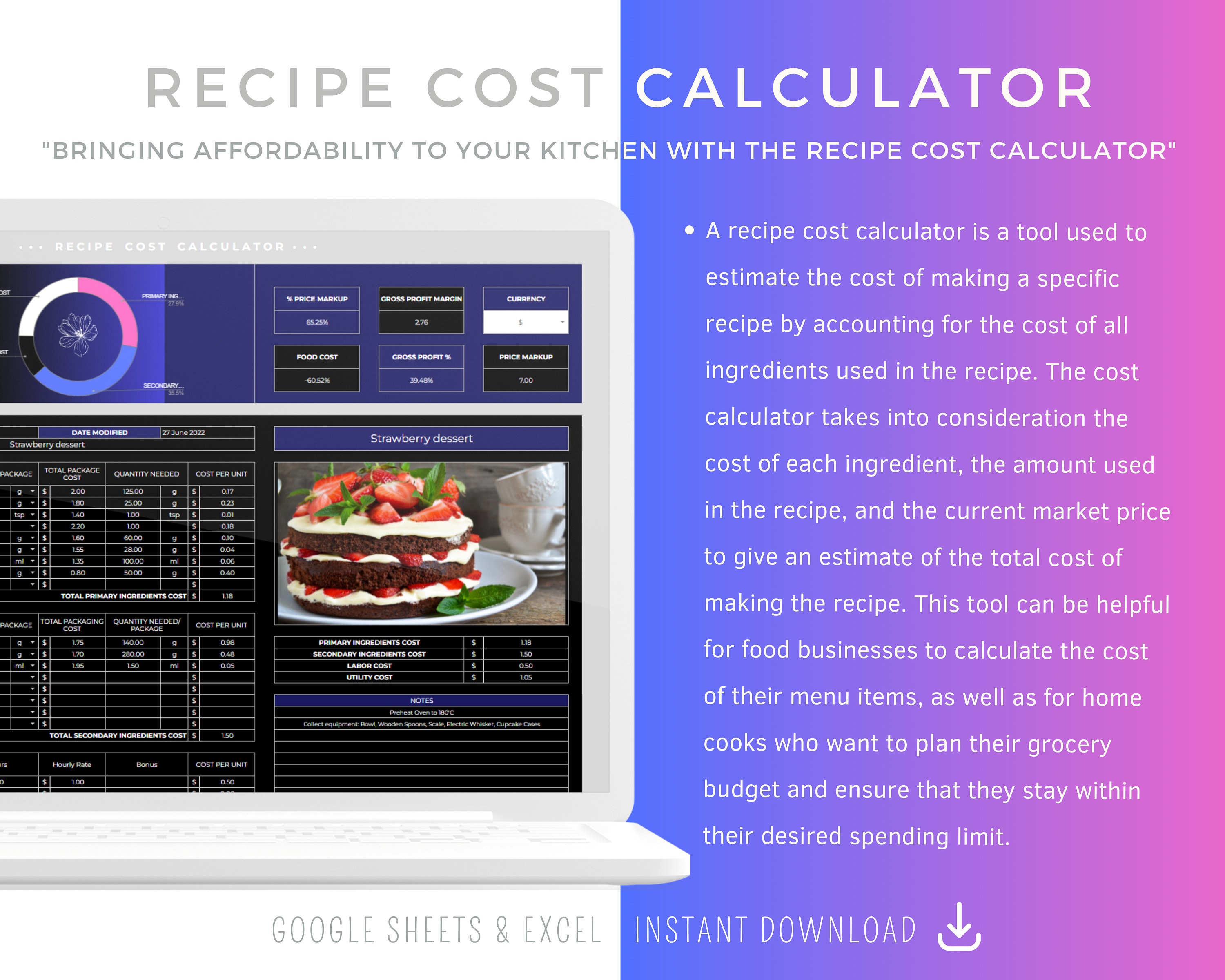 Recipe Cost Calculator Spreadsheet Template for Excel & - Etsy