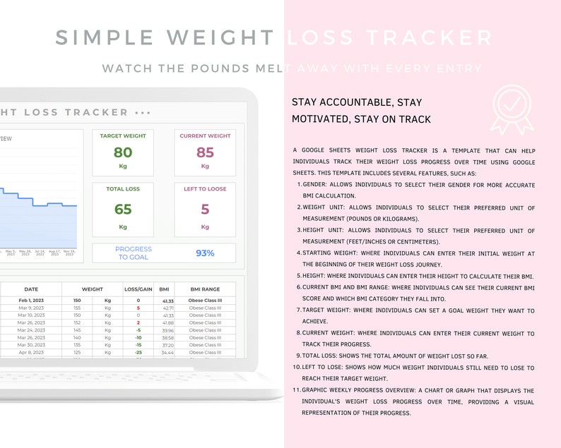 Weight Loss Tracker Spreadsheet for Google Sheets, Weight Loss Planner ...