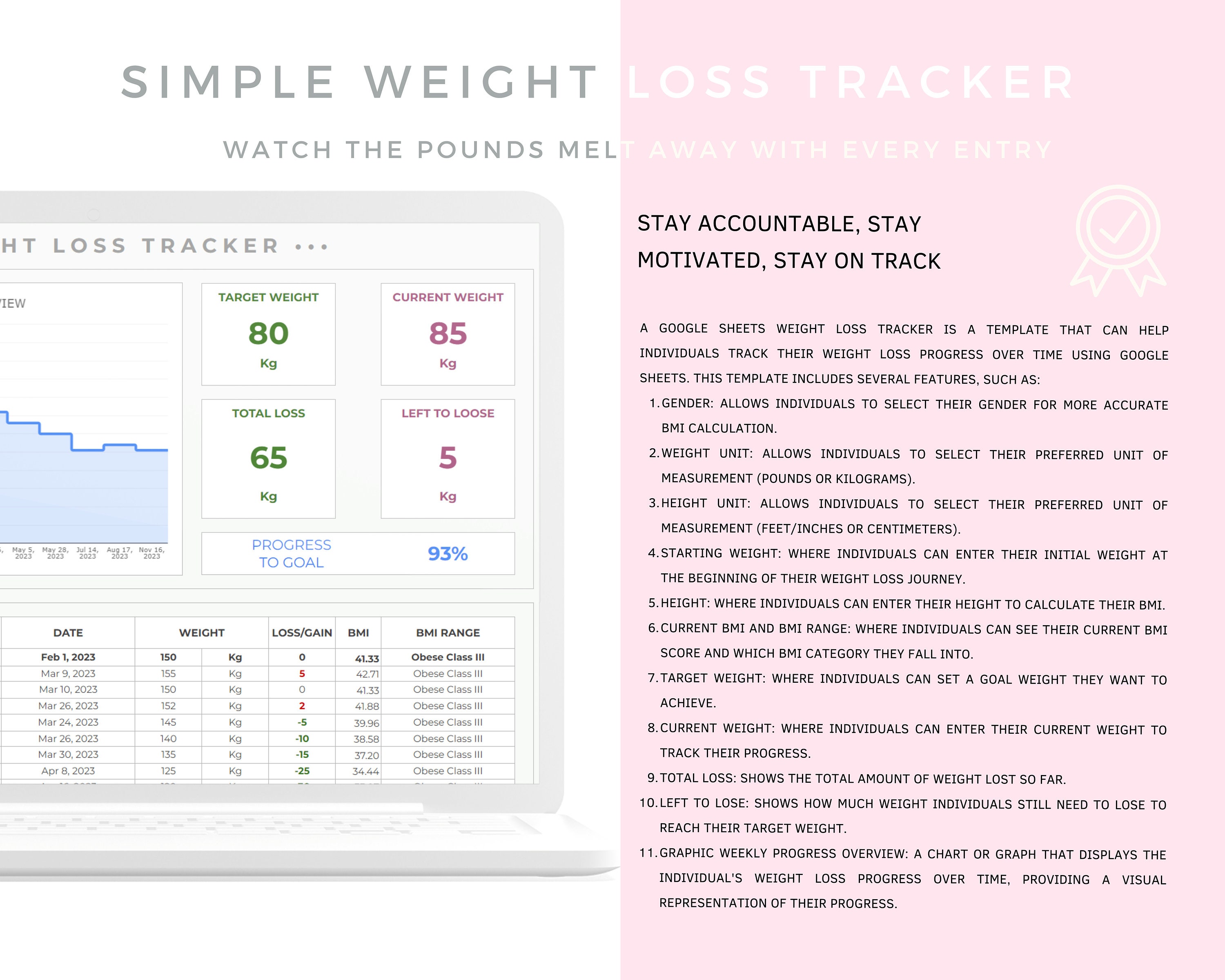 Weight Loss Tracker Spreadsheet for Google Sheets, Weight Loss Planner ...