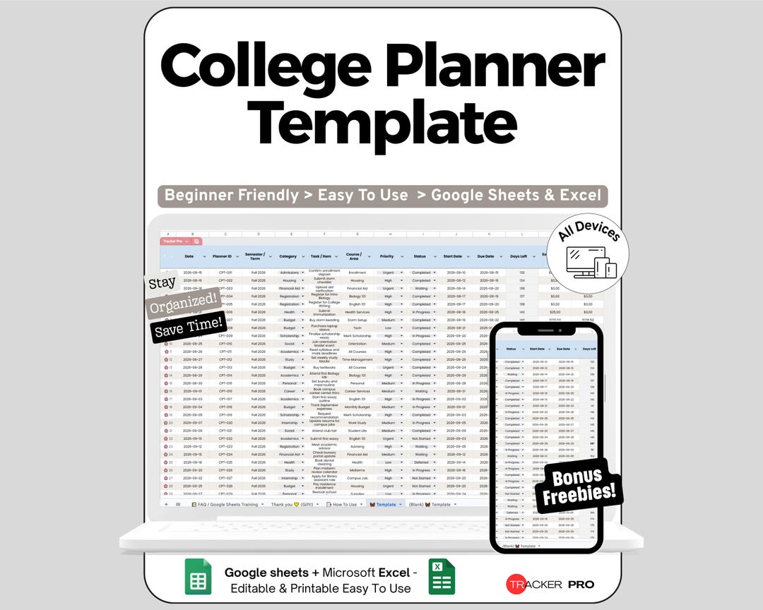 College Planner Template Google Sheets, College Student Assignment ...