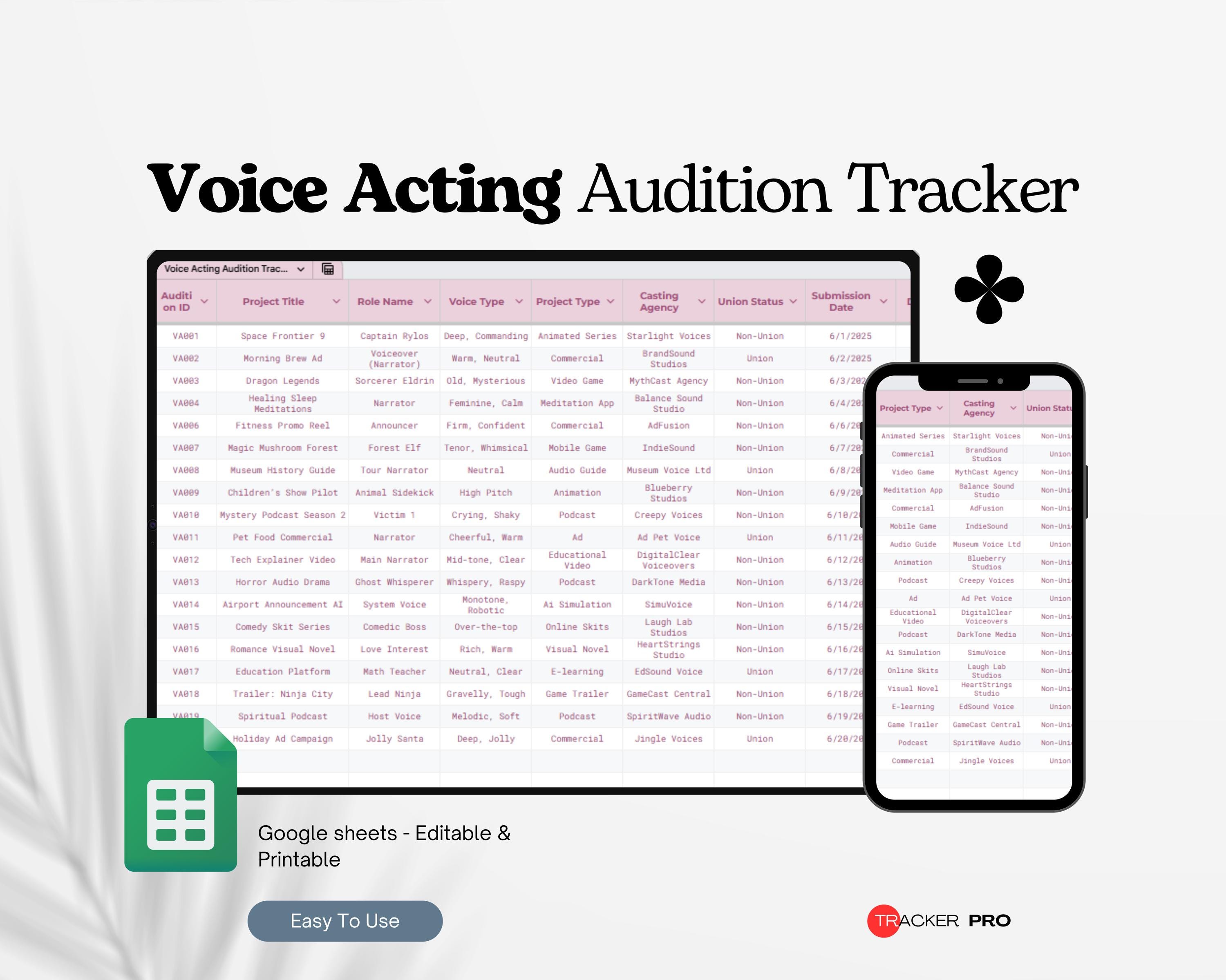 Voice Acting Audition Tracker Google Sheets, Casting Call Submission ...