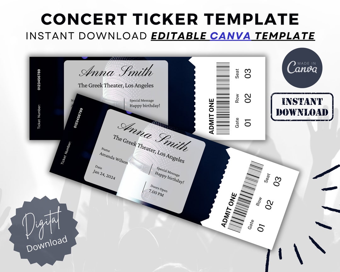 Event Ticket Template, Concert Ticket Canva Template, Editable Concert ...