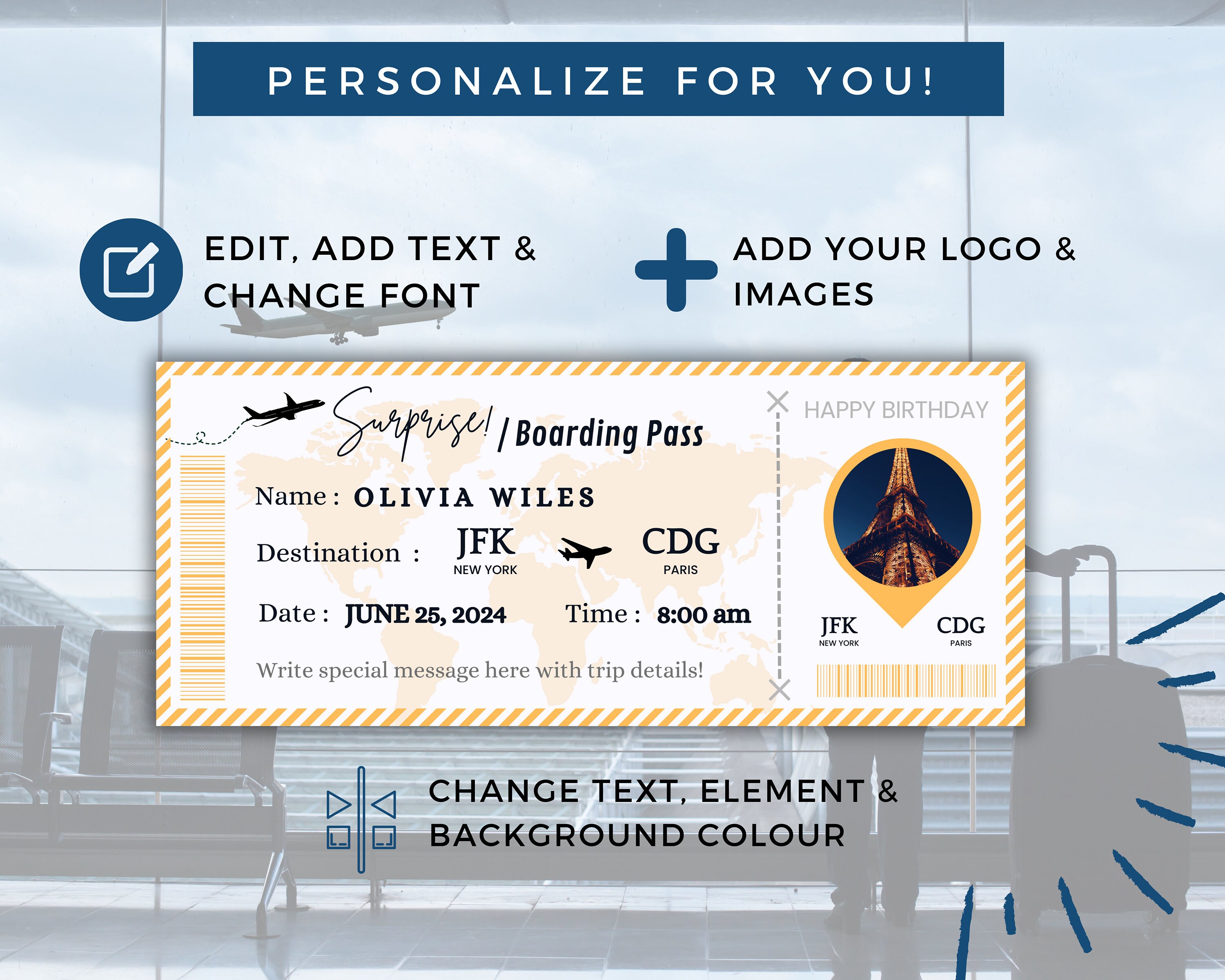 Editable Boarding Pass Template Bundle, Printable Airline Ticket, Plane ...