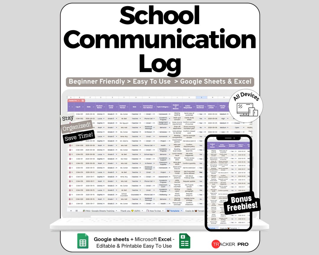 School Communication Spreadsheet for Google Sheets and Excel Teacher ...