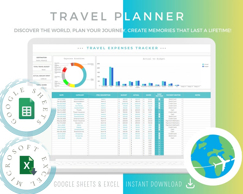 Travel Planner Excel Spreadsheet, Travel Budget Google Sheets, Travel ...