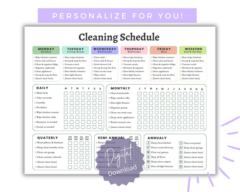 Editable Cleaning Schedule Printable Weekly Monthly Yearly Cleaning ...