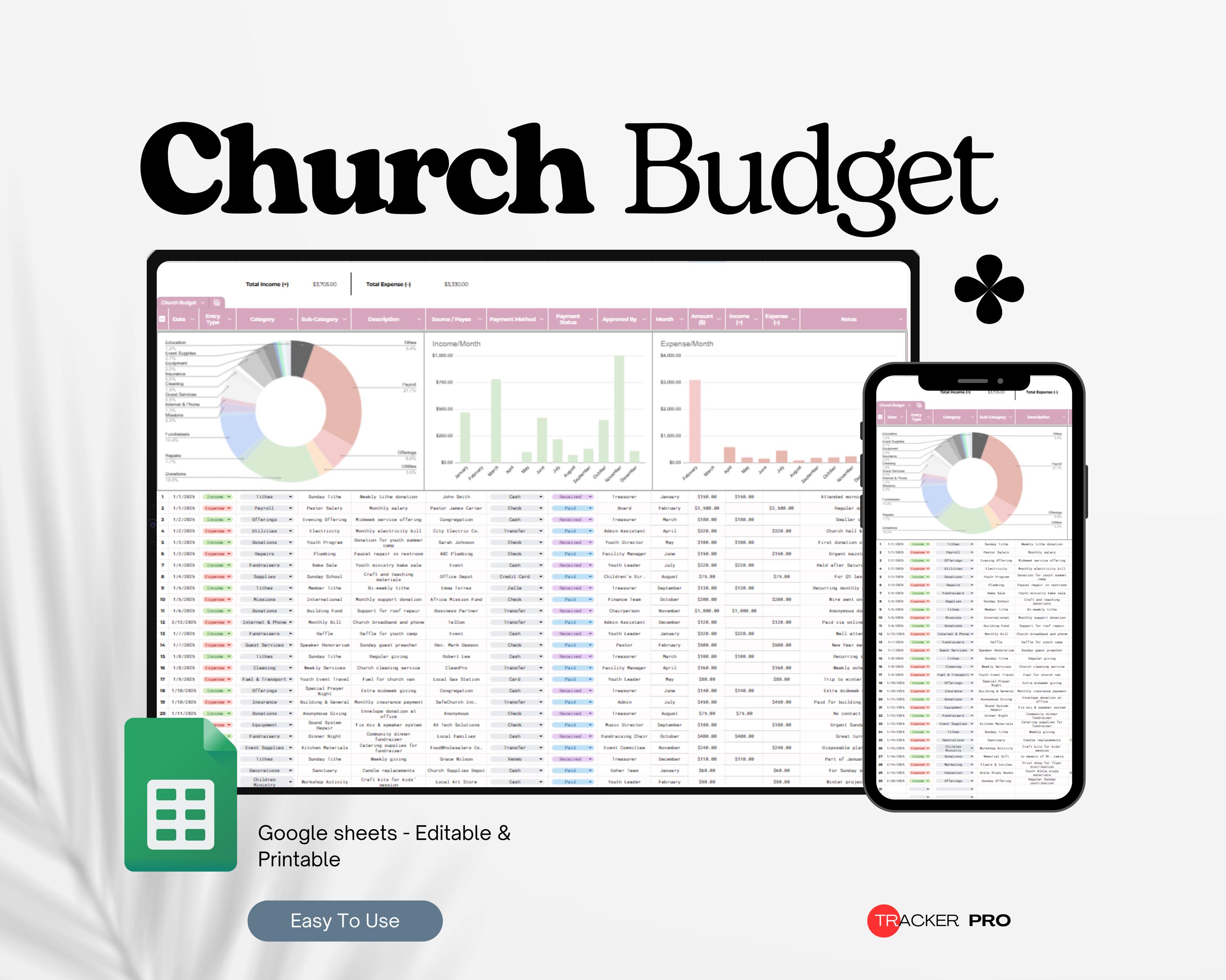 Church Budget Spreadsheet, Church Bookkeeping, Church Monthly Budget ...
