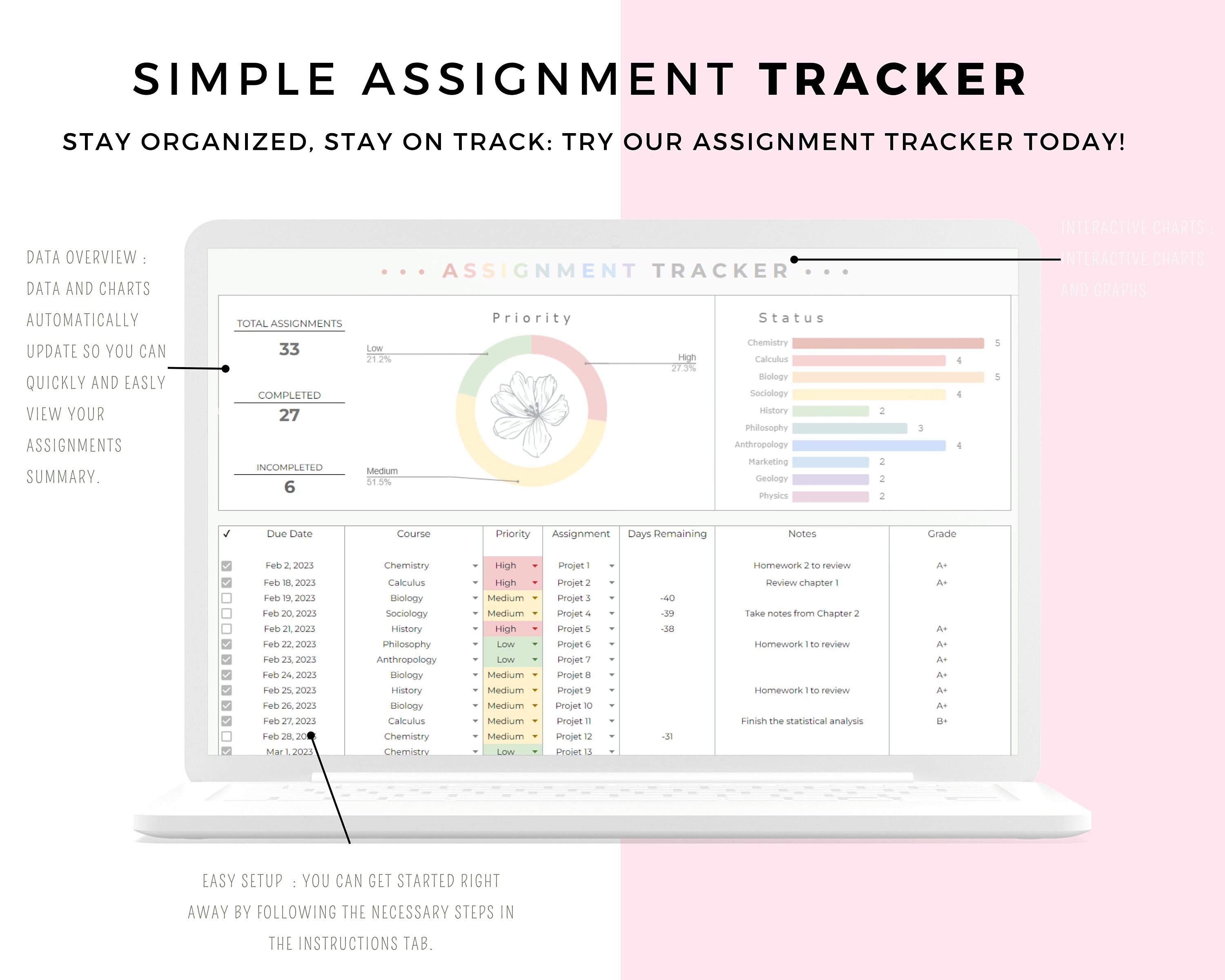 Assignment Tracker Google Sheets and Excel Spreadsheet Template ...
