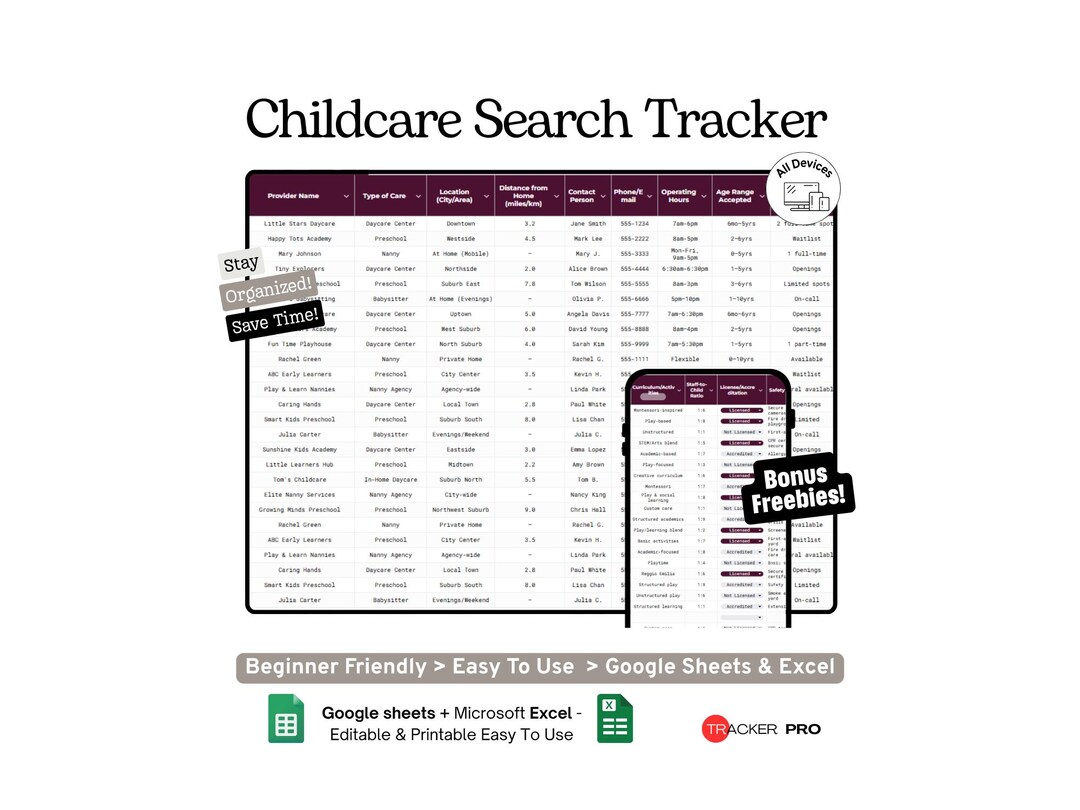 Childcare Search and Comparison Tracker Google Sheets Template, Daycare ...