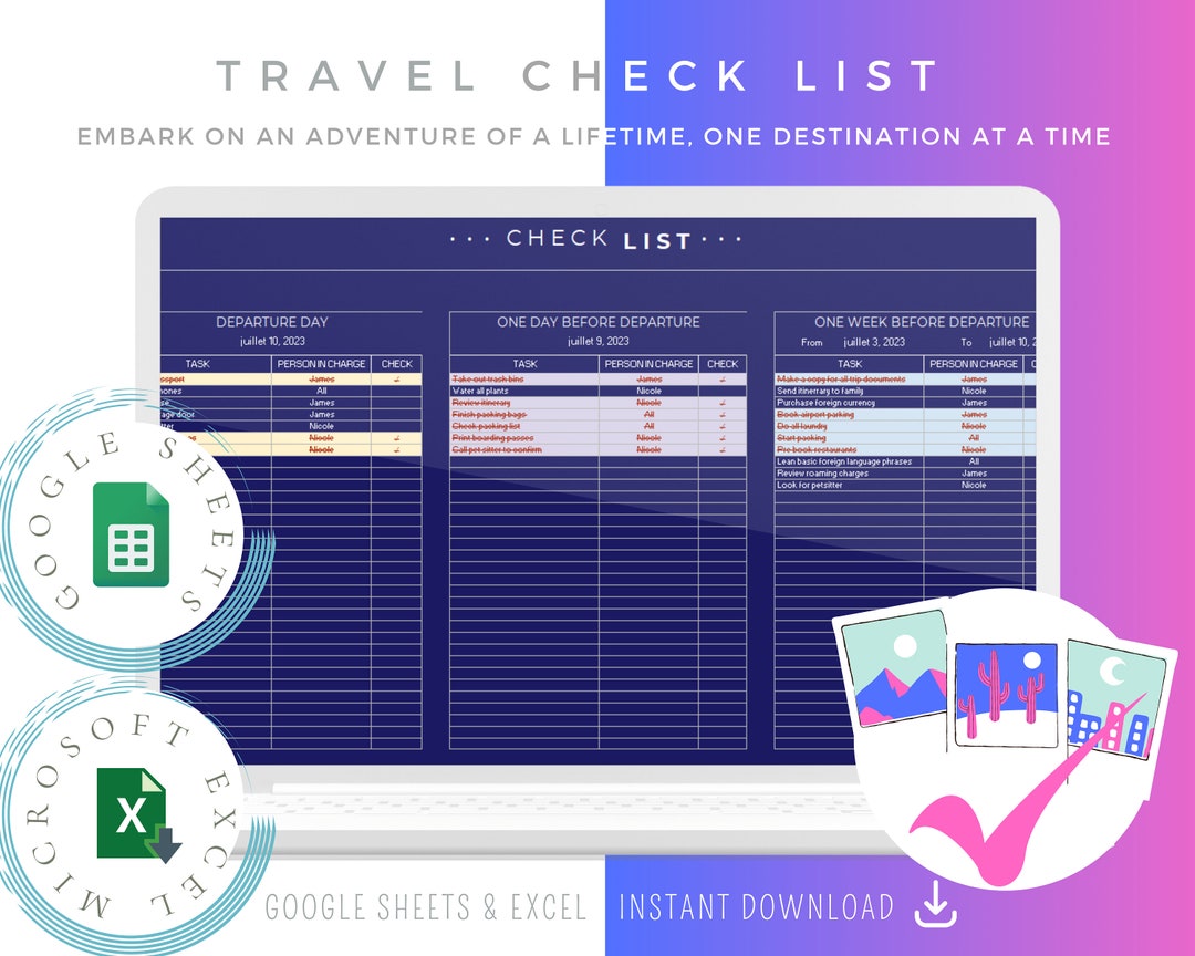 Travel Check List Template for Google Sheets and Microsoft Excel - Etsy