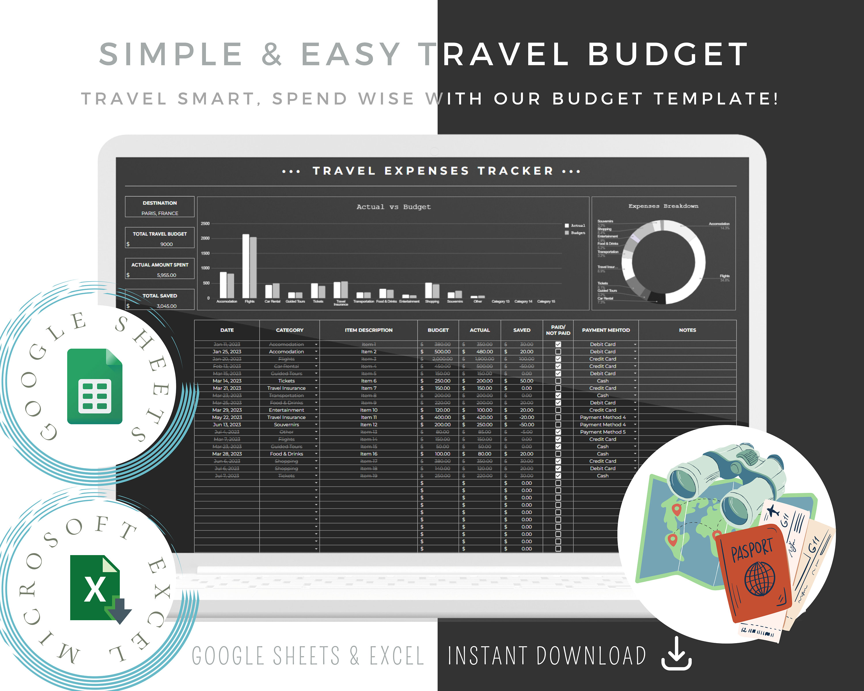 Travel Expenses Google Sheets Excel Template Holiday Organizer Travel ...