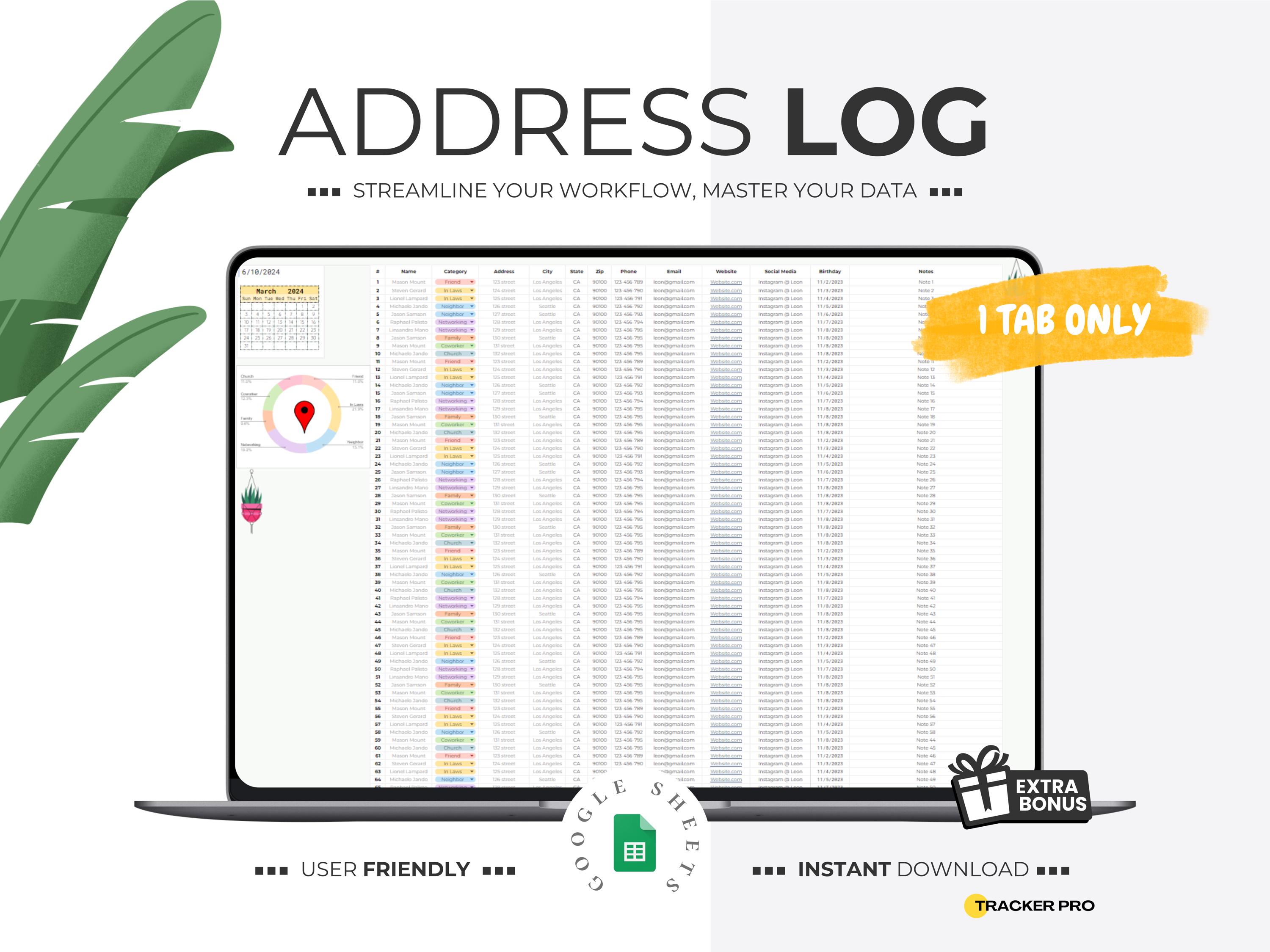 Address Tracker Template Excel Spreadsheet, Address Book, Address Log, Contact Directory, Client ...