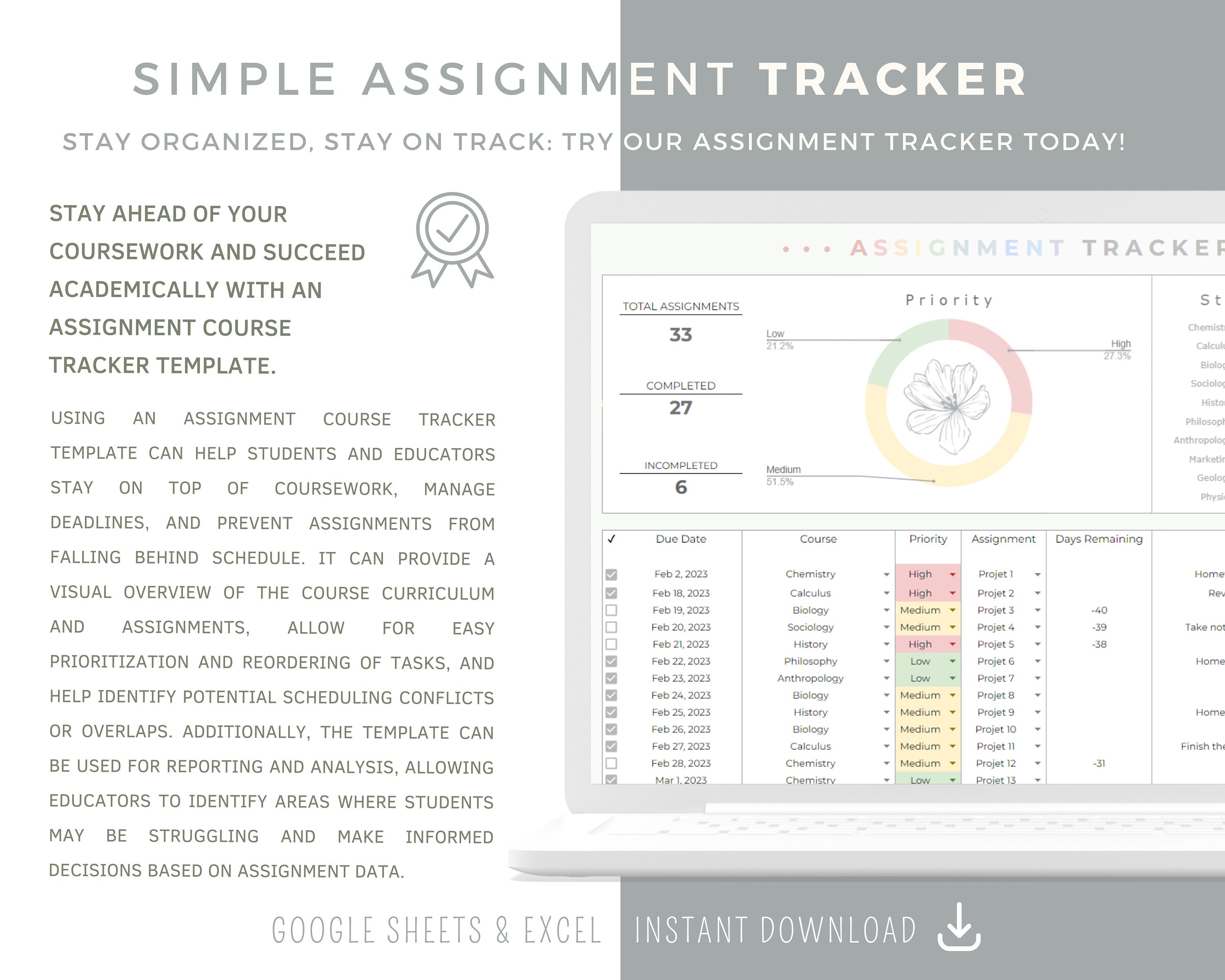 Assignment Tracker Google Sheets and Excel Spreadsheet Template ...