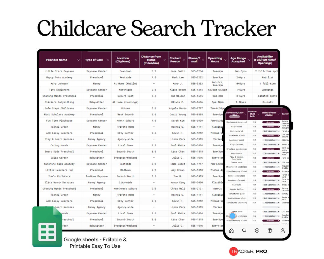 Childcare Search and Comparison Tracker Google Sheets Template (daycare ...