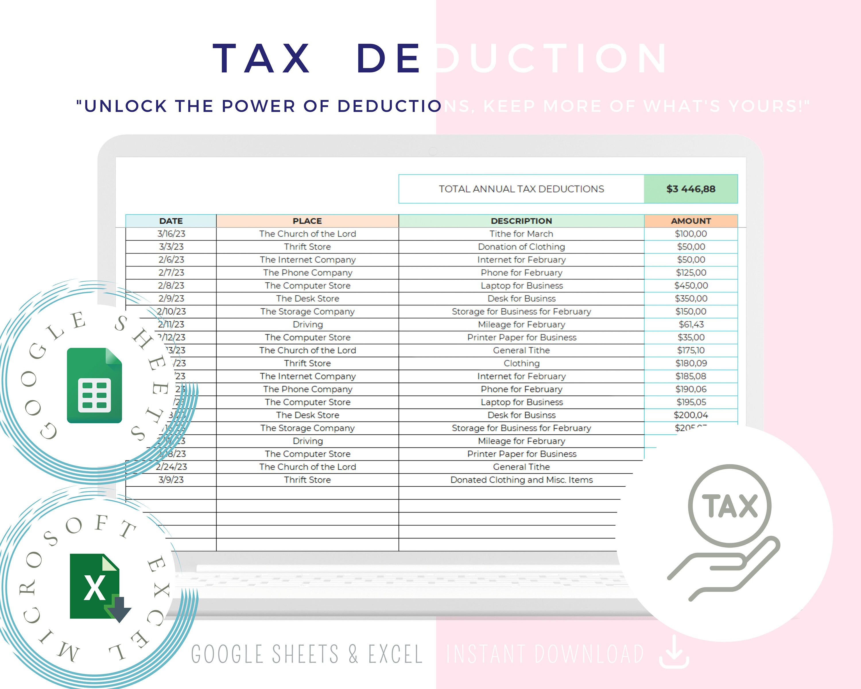 Tax Deduction Tracker Excel Spreadsheet, Editable Tax Deductions List ...