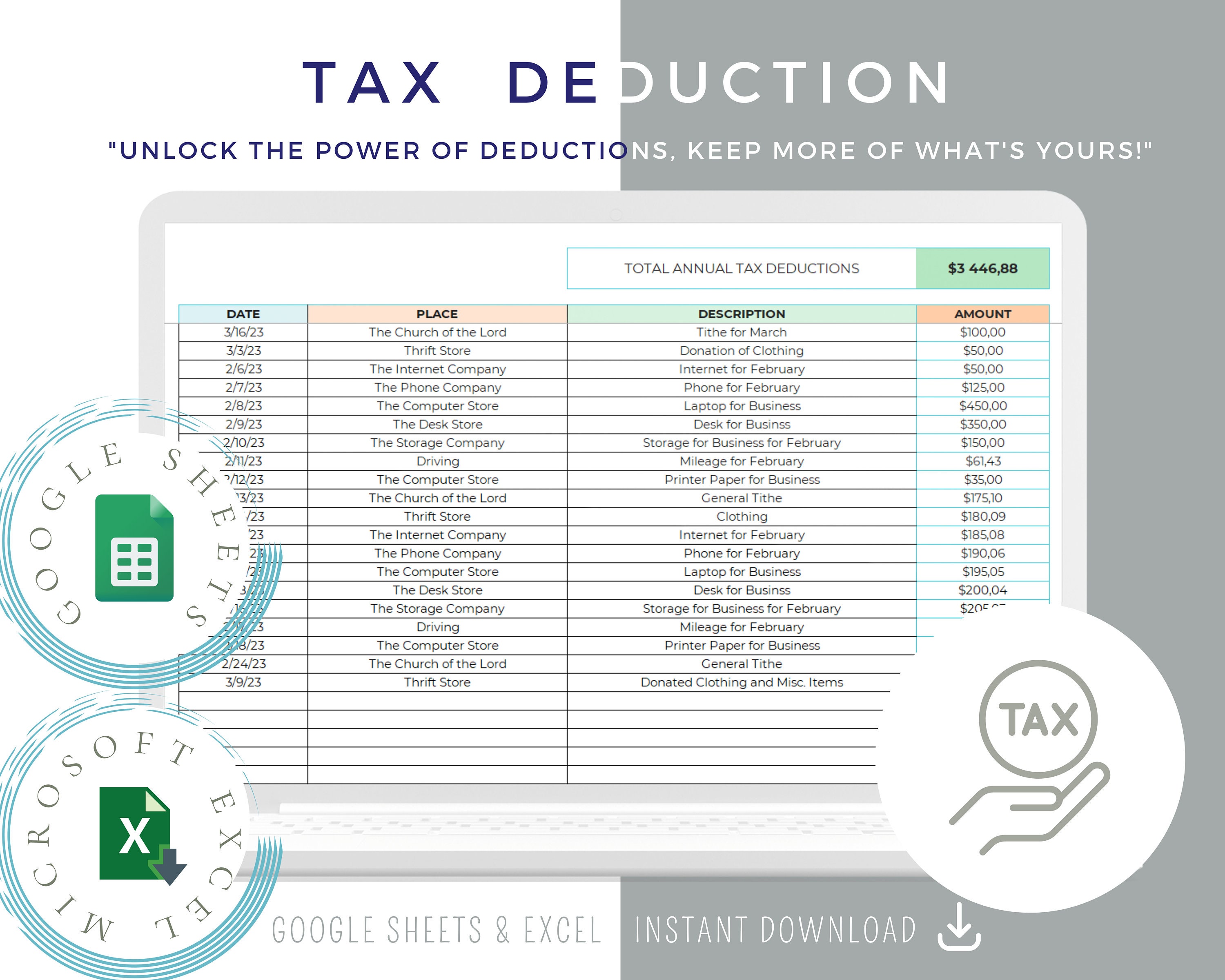 Tax Deduction Tracker Excel Spreadsheet, Editable Tax Deductions List ...