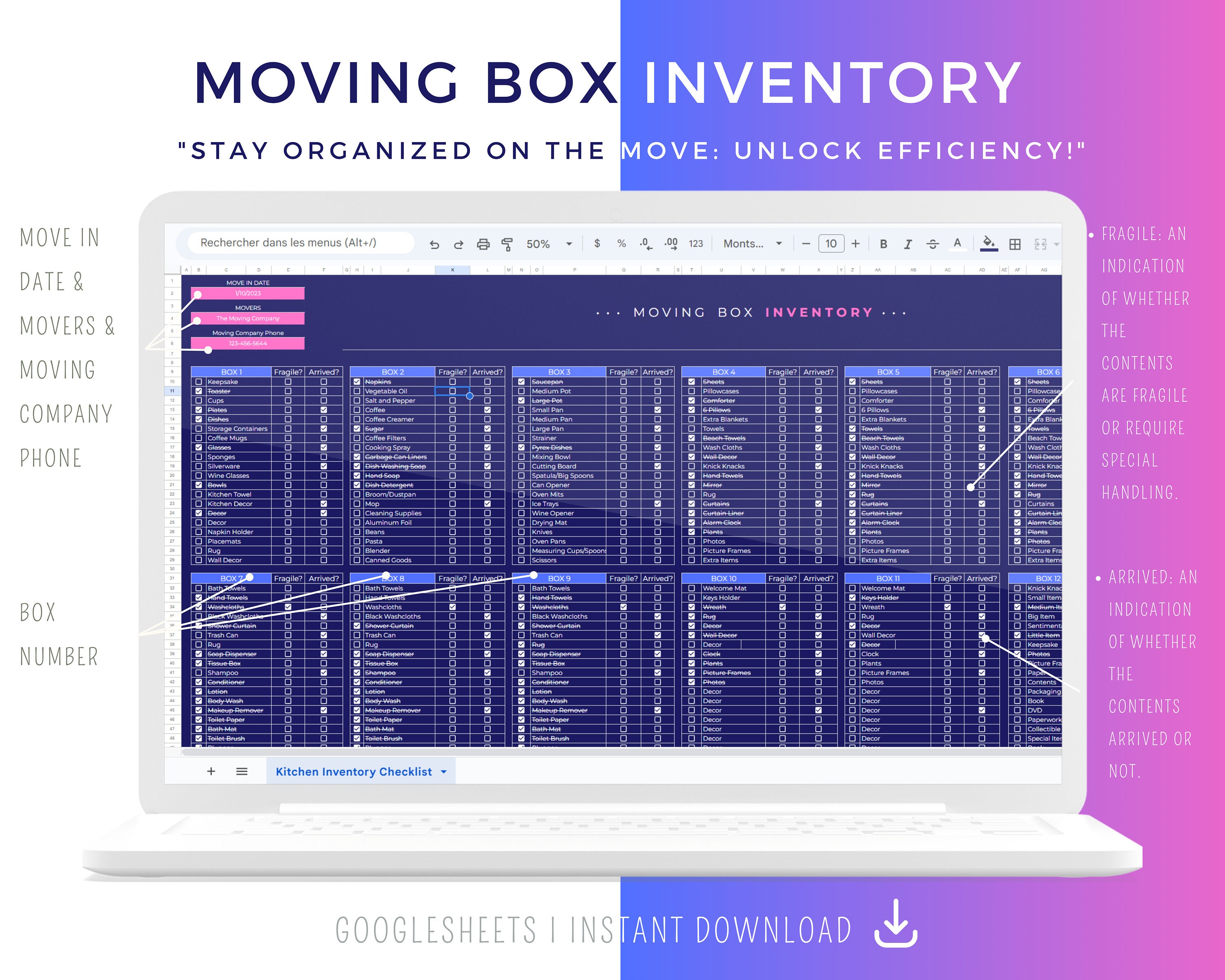 Moving Box Inventory Excel Spreadsheet, Organized Moving, Home ...