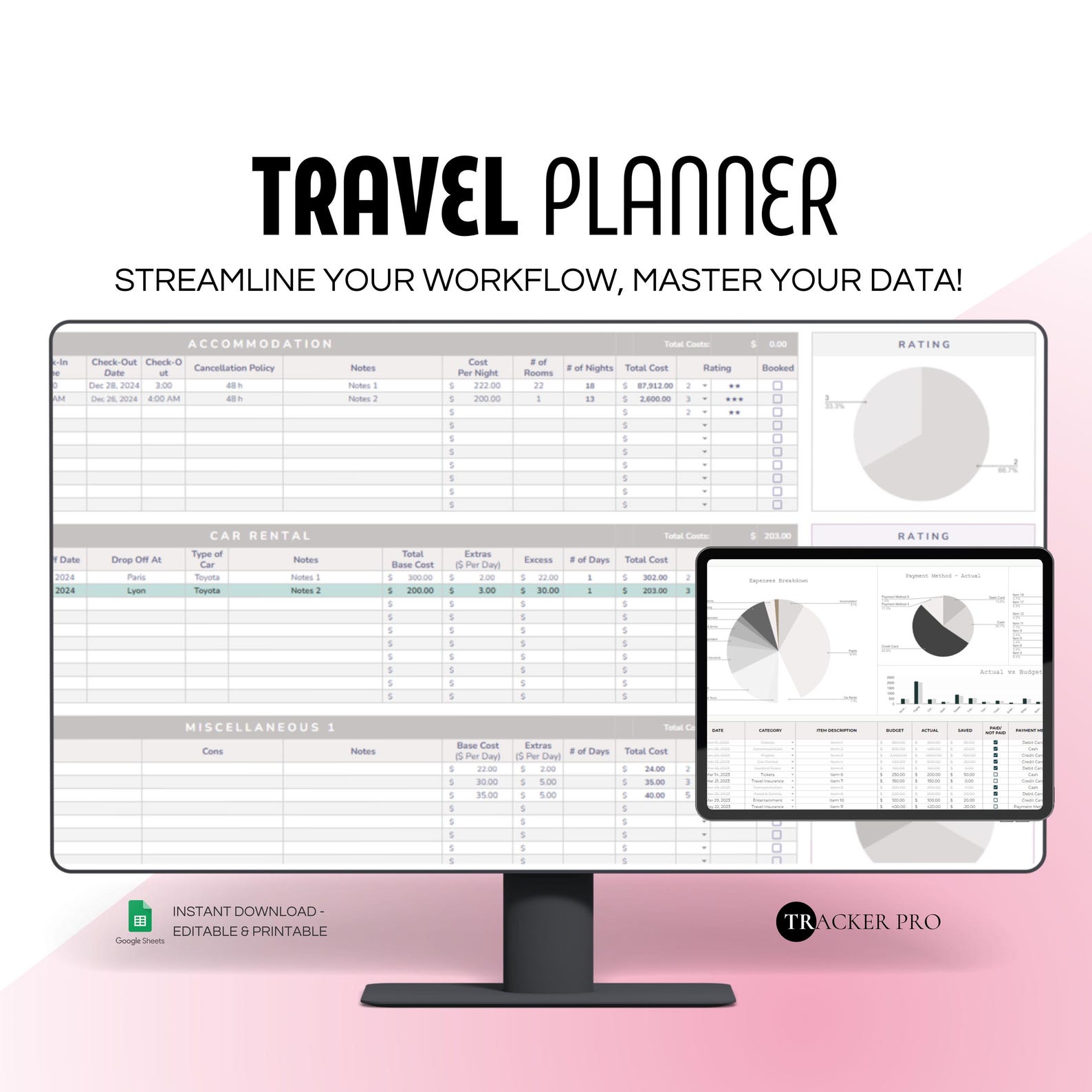 Travel Planner Spreadsheet, Vacation Planner Google Sheets, Holiday ...