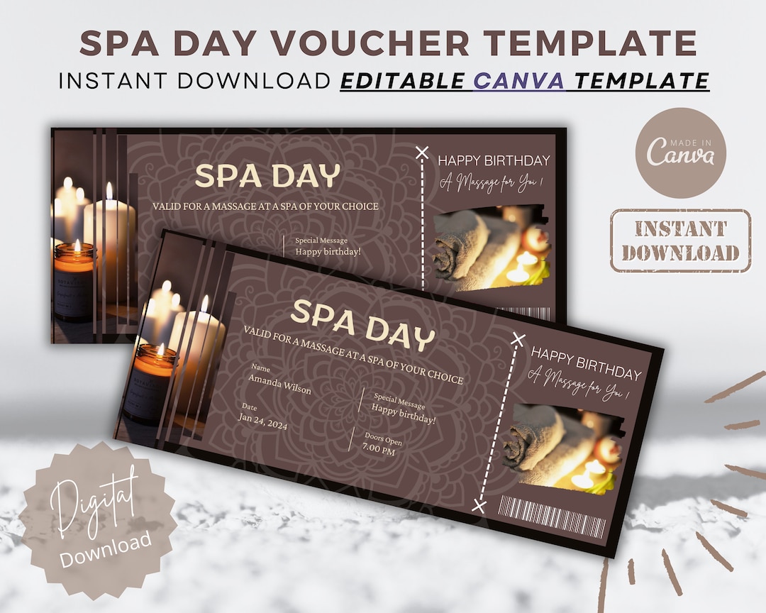 Editable Spa Day Voucher Personalized Massage Coupon Printable Gift ...