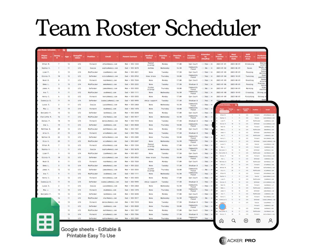 Sports Team Roster & Practice Scheduler Google Sheets | Manage Team ...