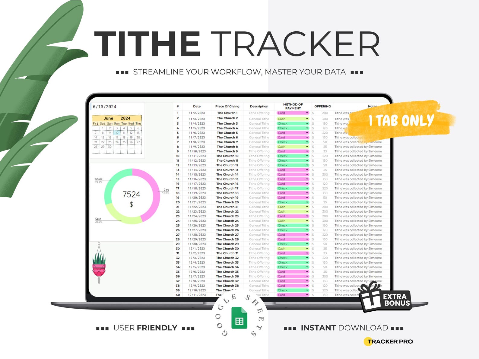 Tithe Tracker Excel Spreadsheet, Tithes and Offerings Tracking, Church Donations, Contribution ...