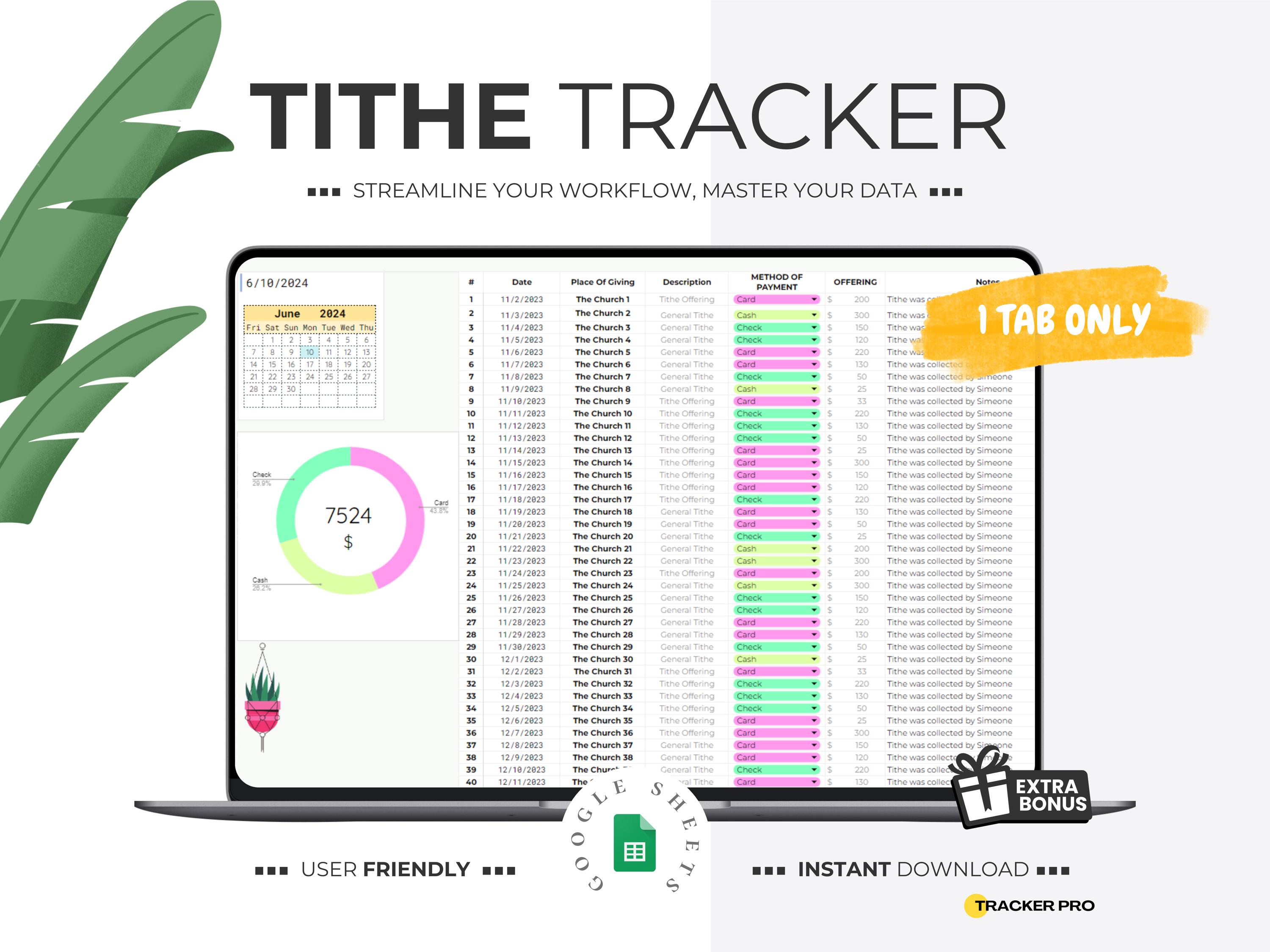 Tithe Tracker Excel Spreadsheet, Tithes and Offerings Tracking, Church ...