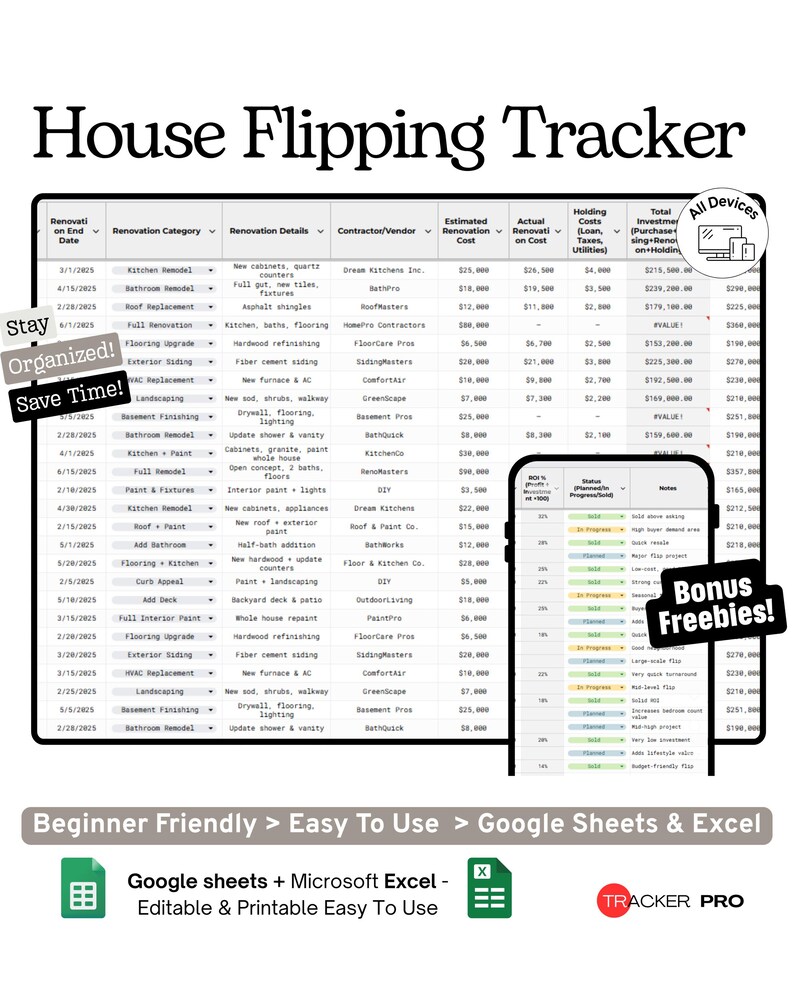 House Flipping Renovation and Profit Tracker Google Sheets Template ...