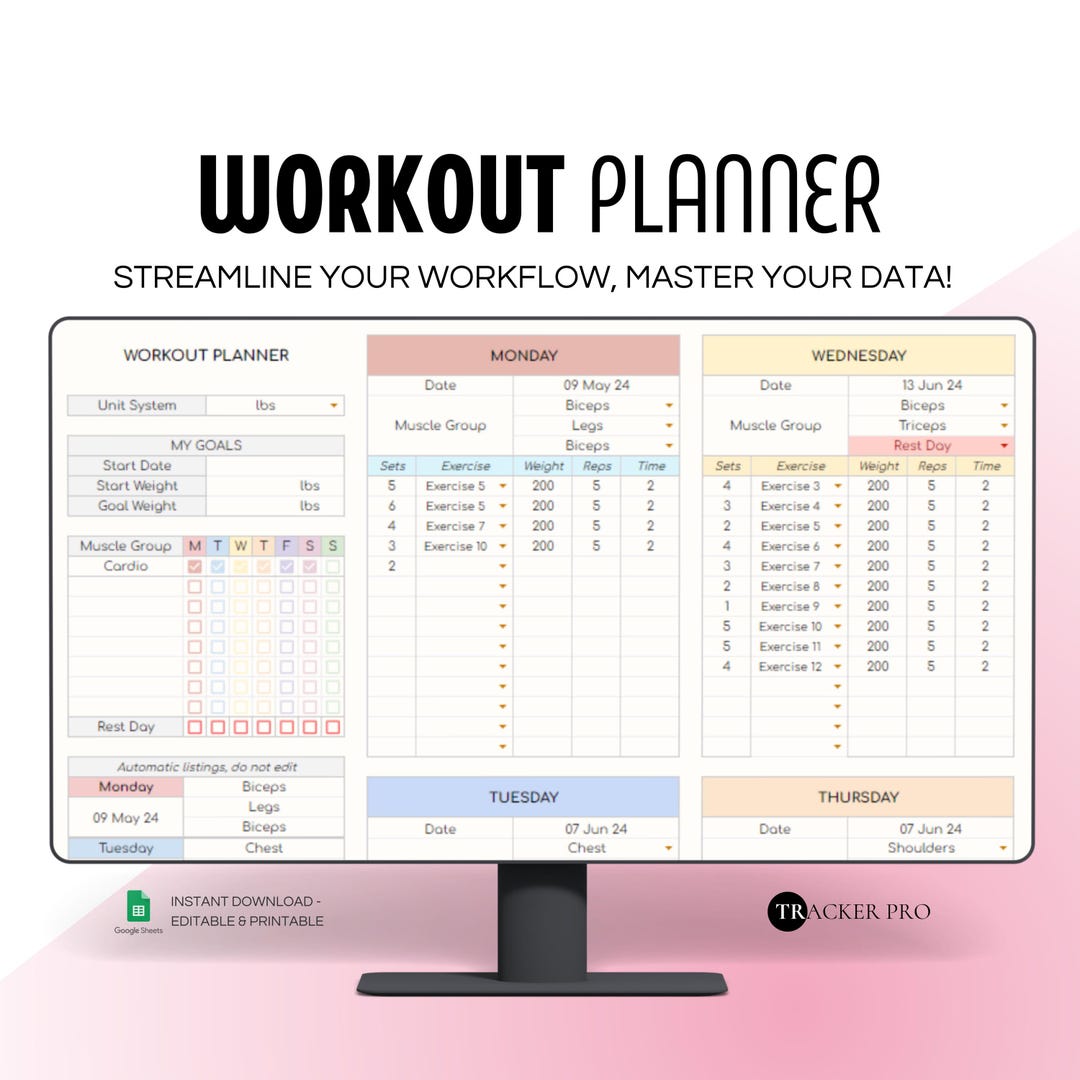 Workout Planner for Google Spreadsheet, Fitness Planner Template ...