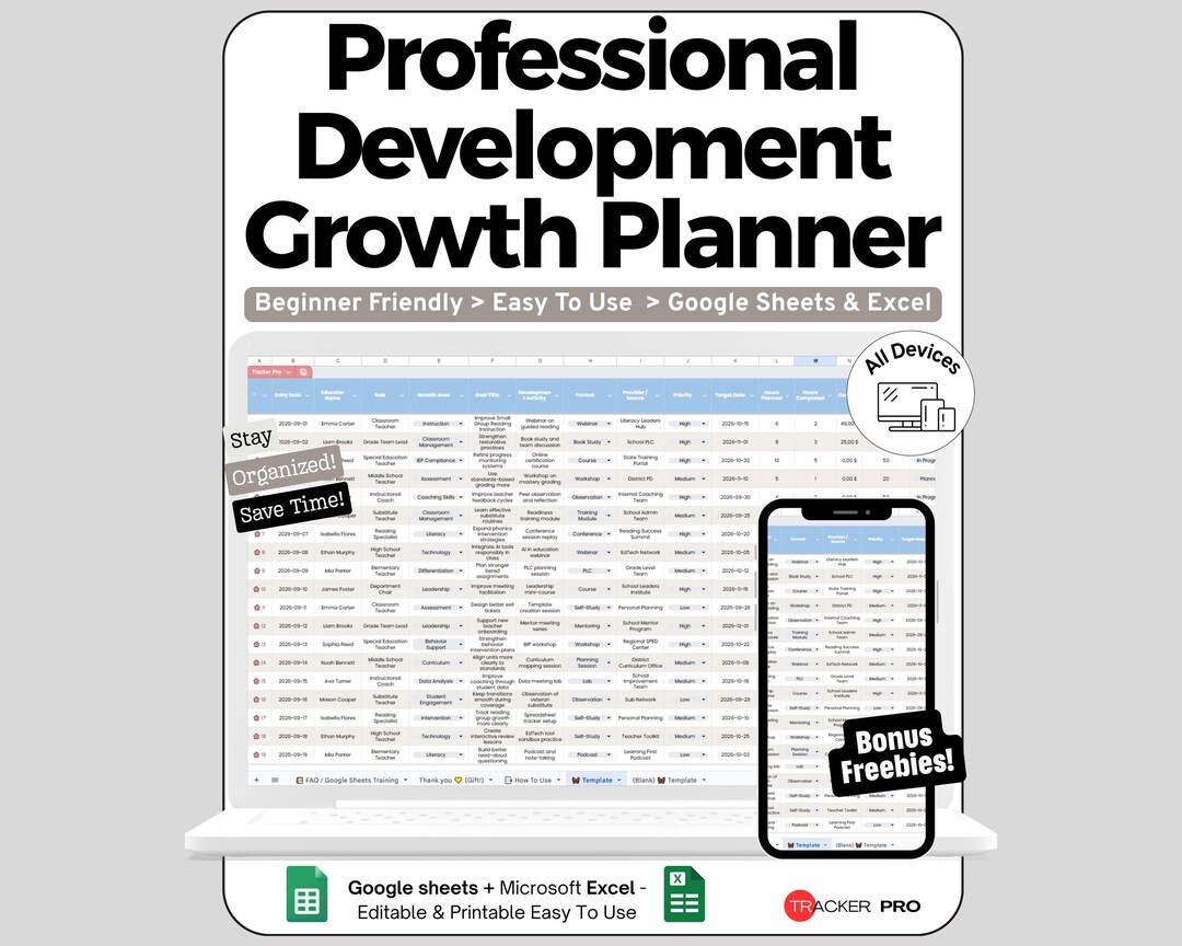 Teacher Development Spreadsheet for Google Sheets and Excel ...