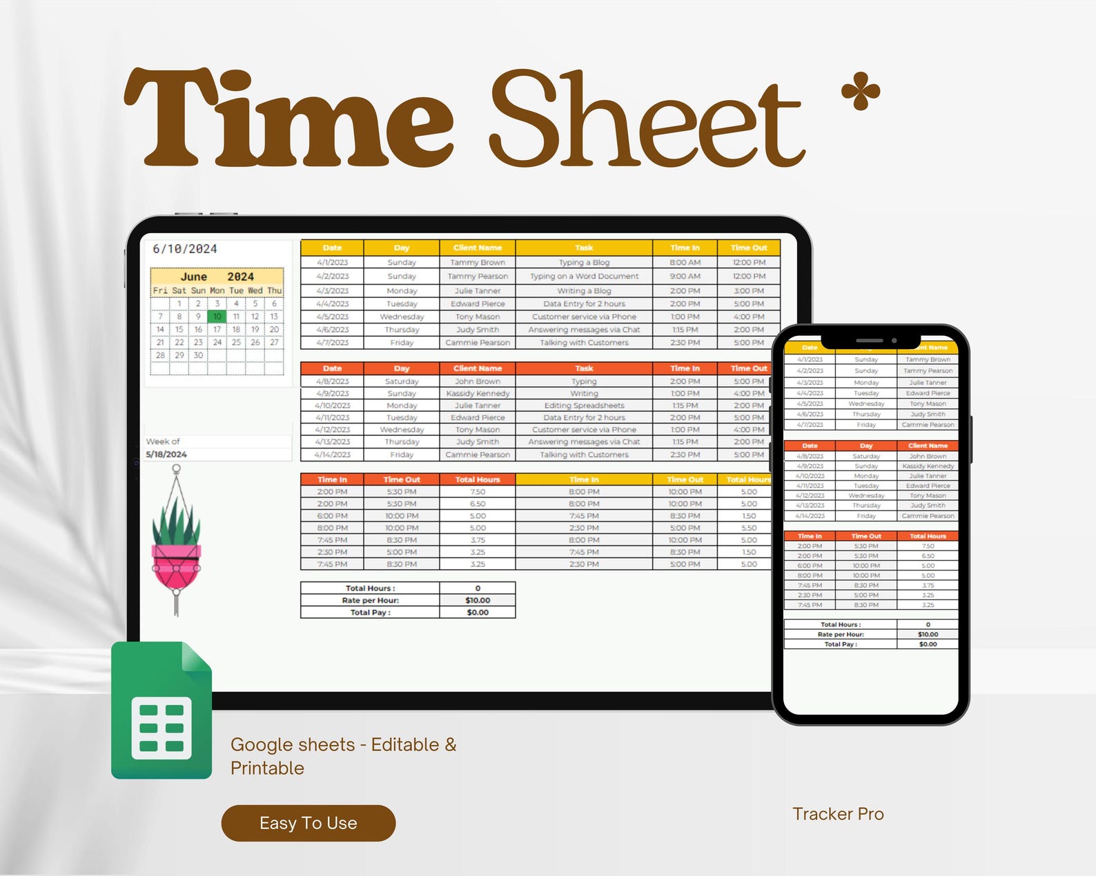 Time Sheet Google Sheets, Weekly Time Sheet Template, Timesheet Log Book, Employee Time Sheet ...