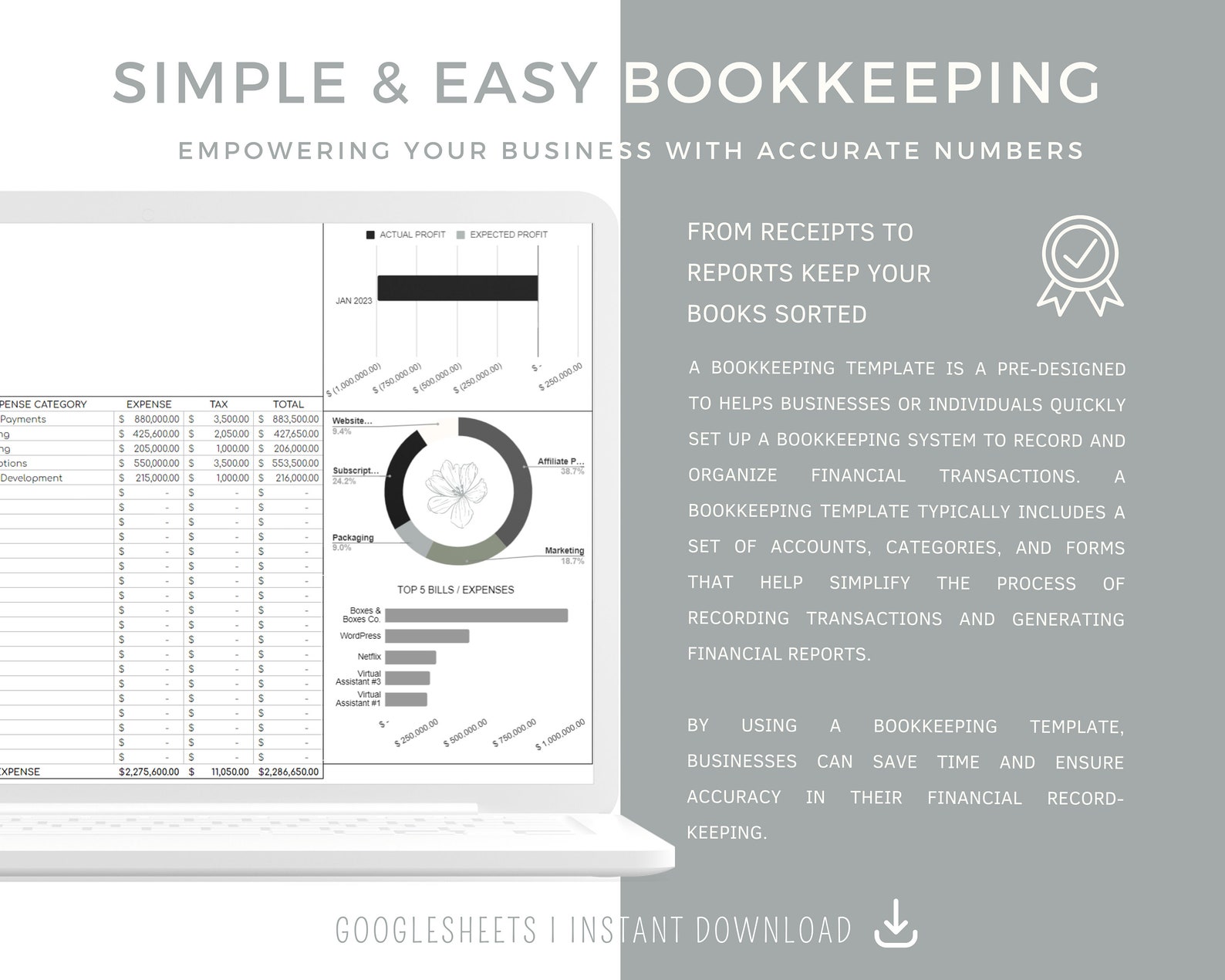 Easy & Simple Bookkeeping Template Google Sheets Income and Expense ...