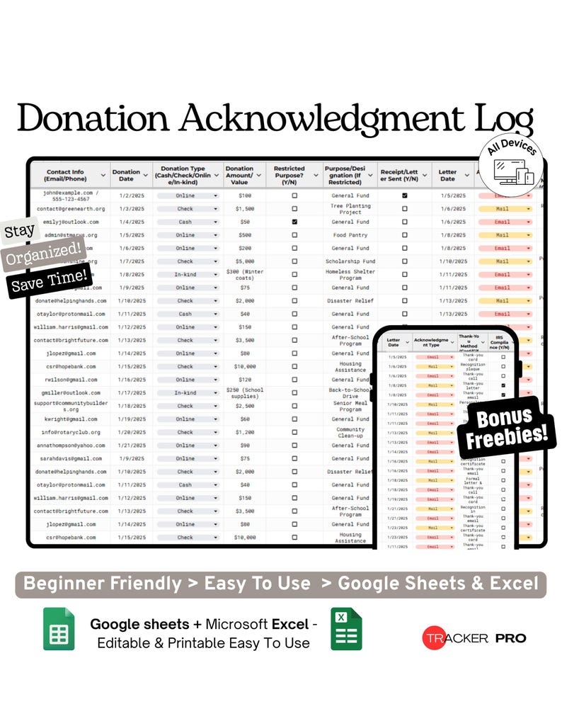 Nonprofit Donation Acknowledgement Log Google Sheets Template (donor ...