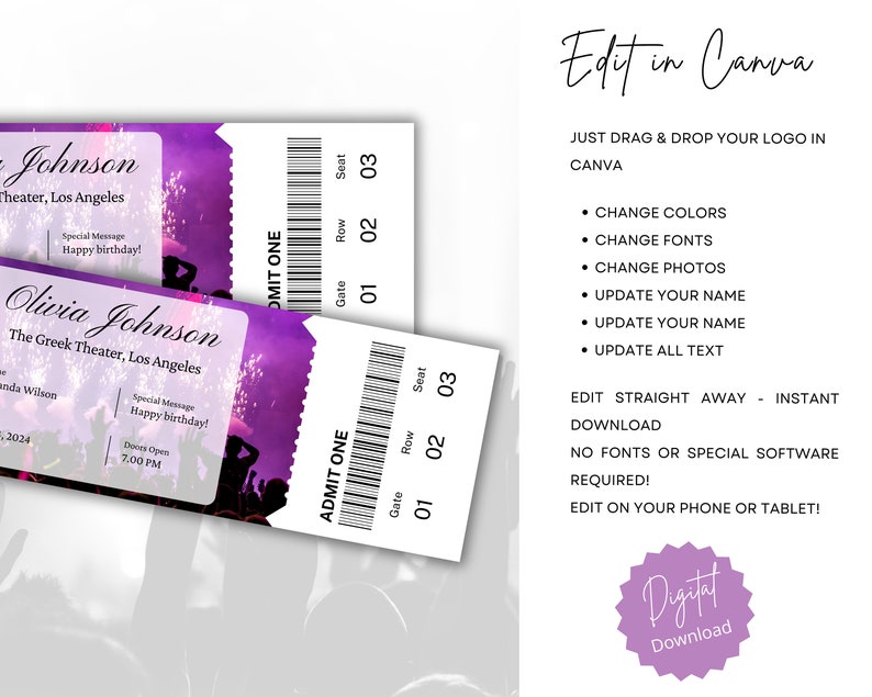 Editable Concert Ticket Template DIY Event Ticket Custom - Etsy