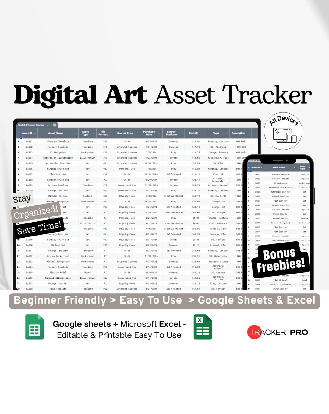 Digital Art Asset Tracker Google Excel, Art File Organizer, Clip Art ...