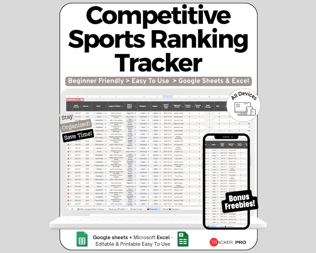 Sports Ranking Spreadsheet for Google Sheets and Excel Tournament ...