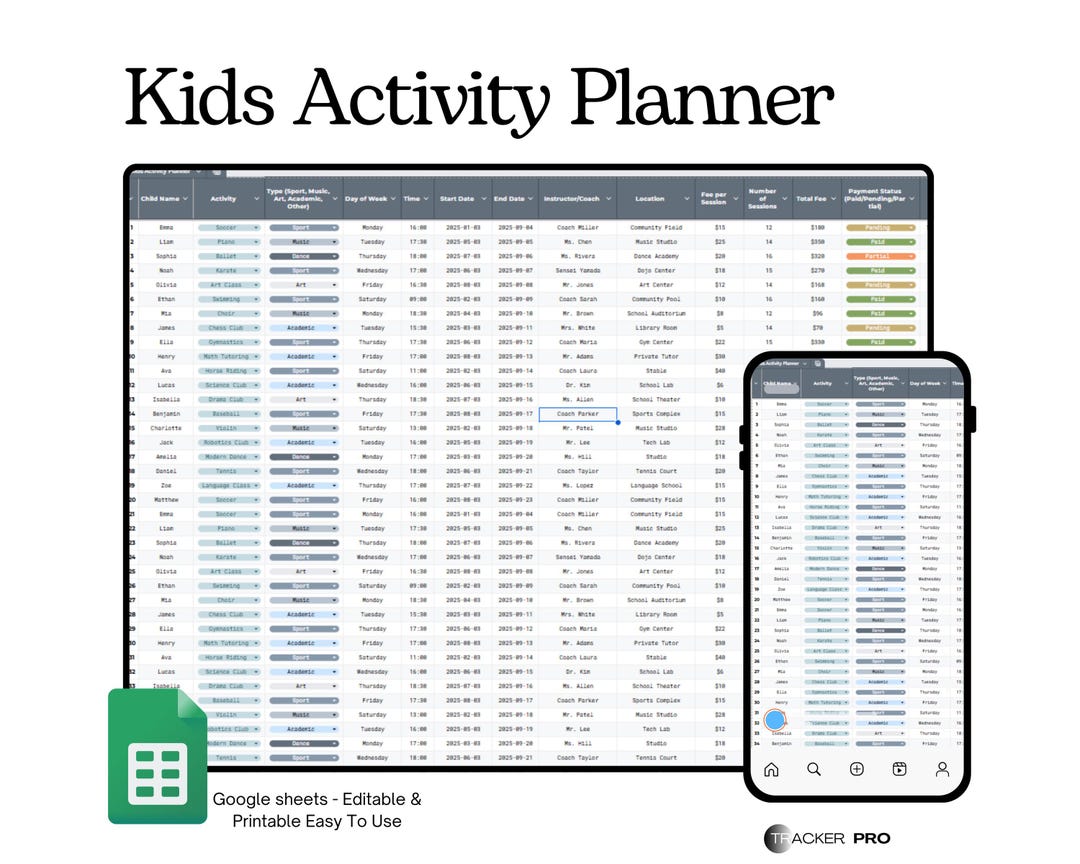 Kids Extracurricular Activity Planner Google Sheets | Track Fees ...