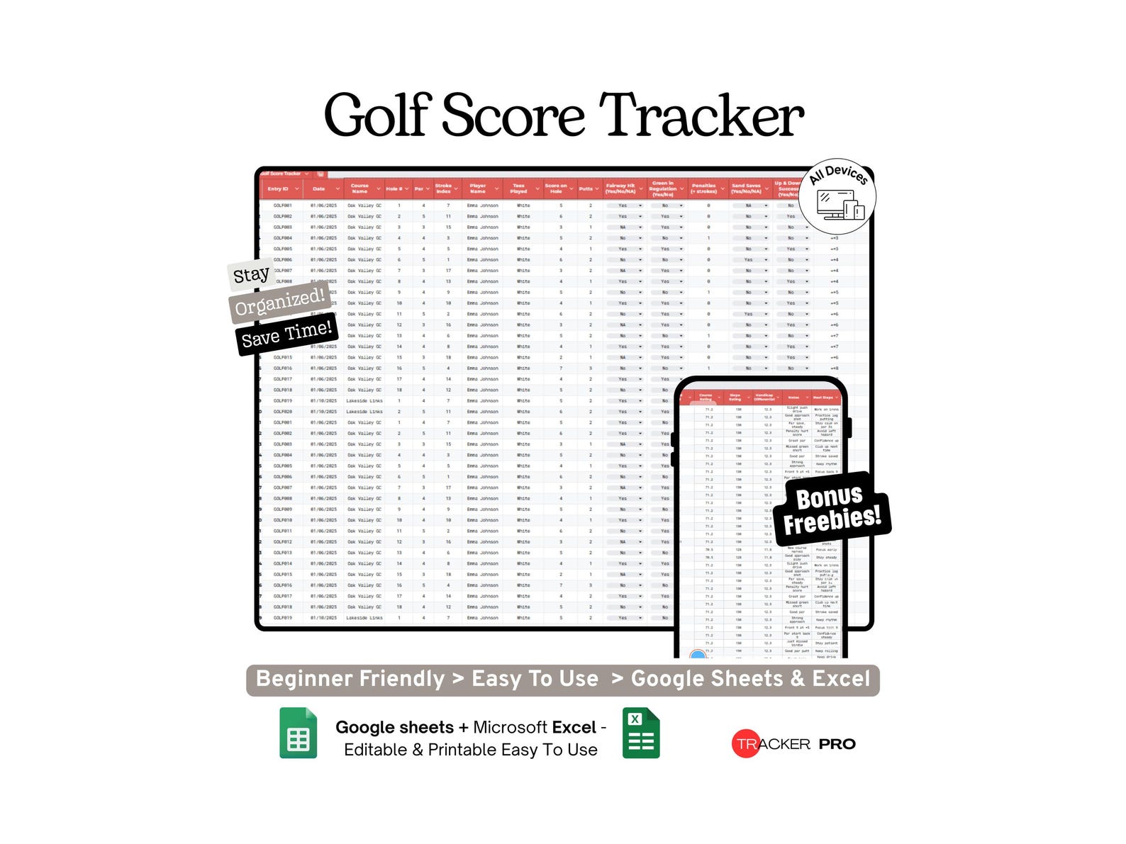 Golf Scorecard and Handicap Excel Google Sheets, Track Golf Rounds ...