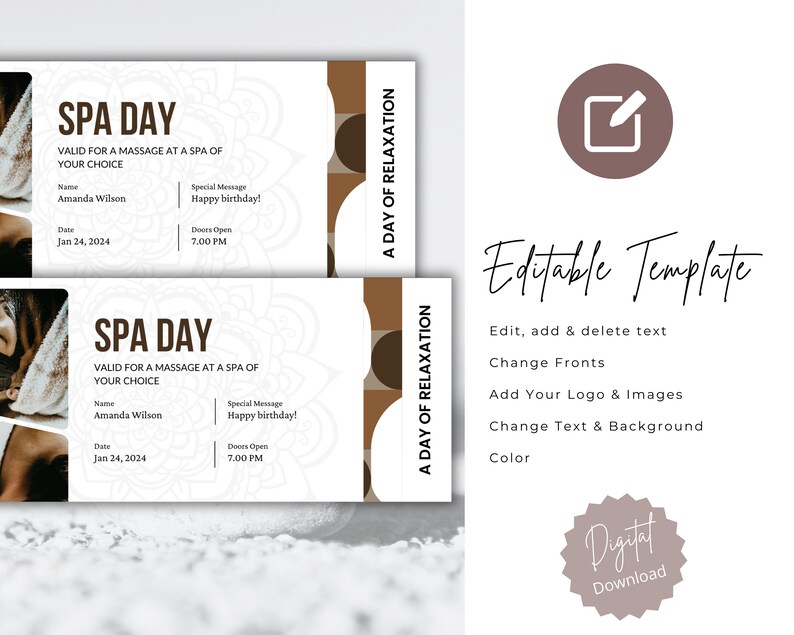 Editable Spa Day Voucher Personalized Massage Coupon Printable Gift ...