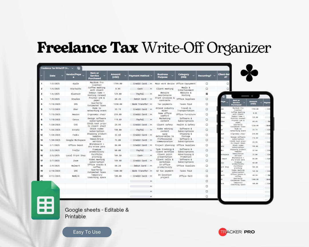 Freelance Tax Write-off Organizer Google Sheets, Deduction Tracker for ...