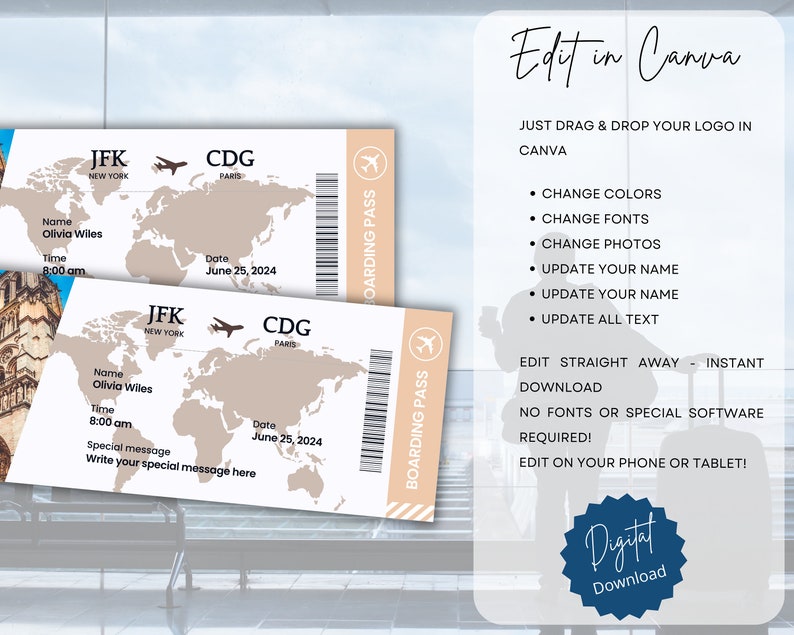 Editable Boarding Pass Template, Canva Boarding Pass, Customizable ...