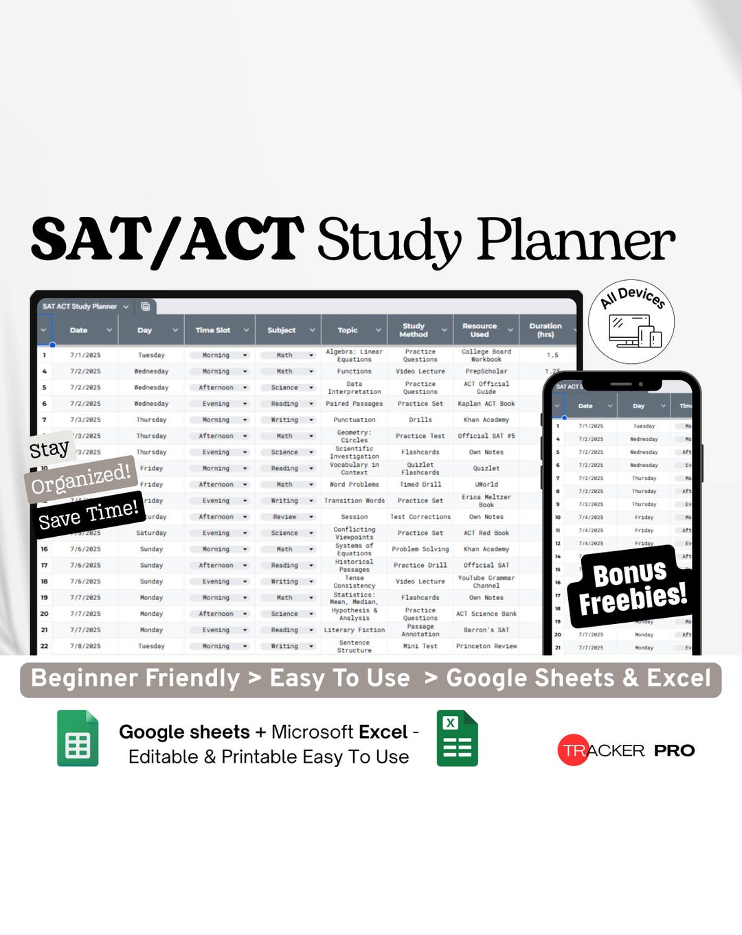 SAT/ACT Study Planner Google Excel, College Entrance Exam Tracker, Test ...