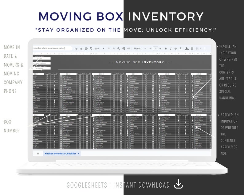 Moving Box Template Google Sheets, Moving Box Contents List, Storage ...