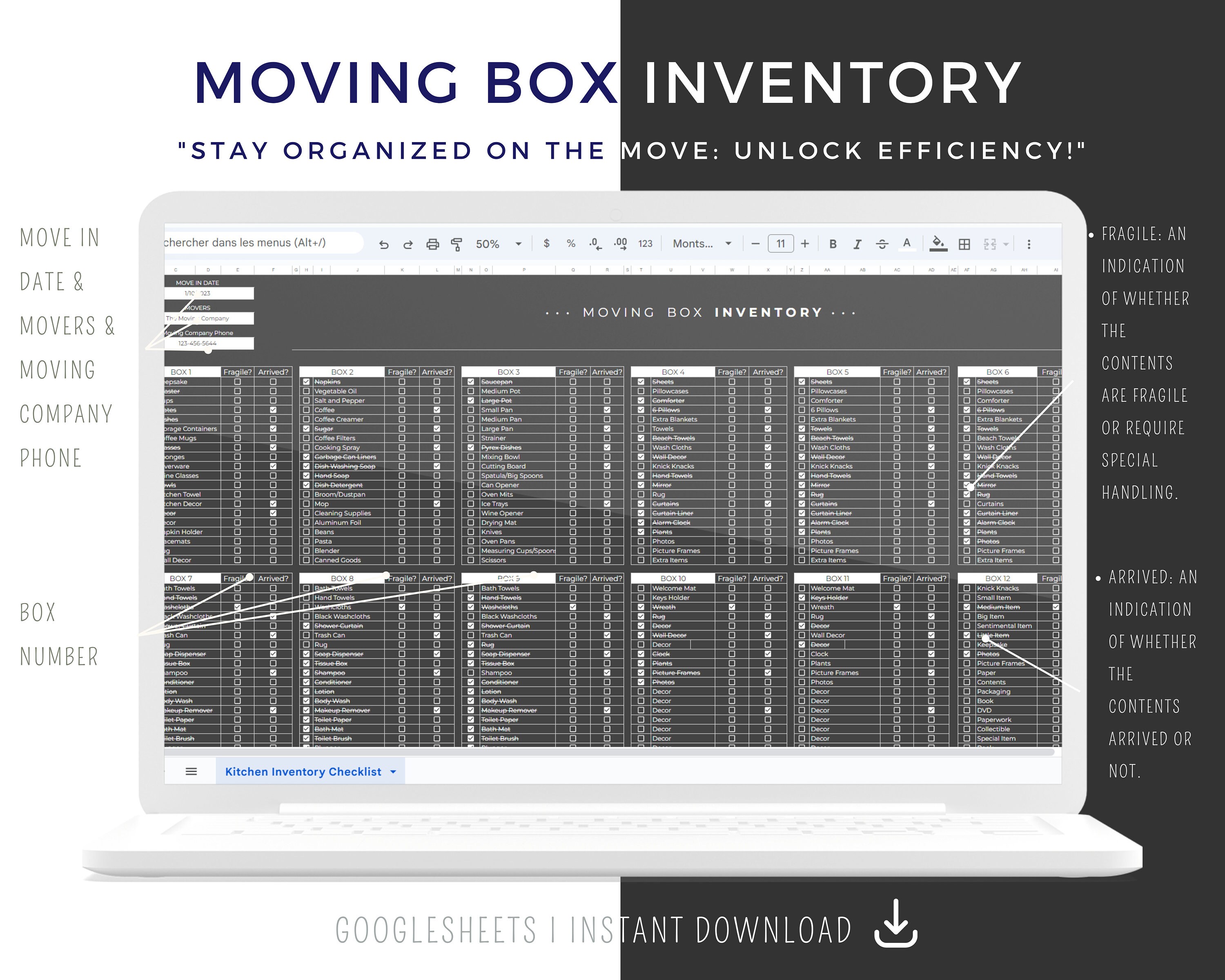 Moving Box Template Google Sheets, Moving Box Contents List, Storage ...