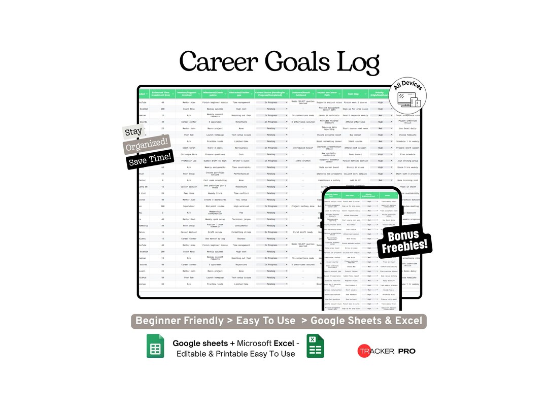 Career Goals and Progress Dashboard Google Sheets, Track Career Goals ...