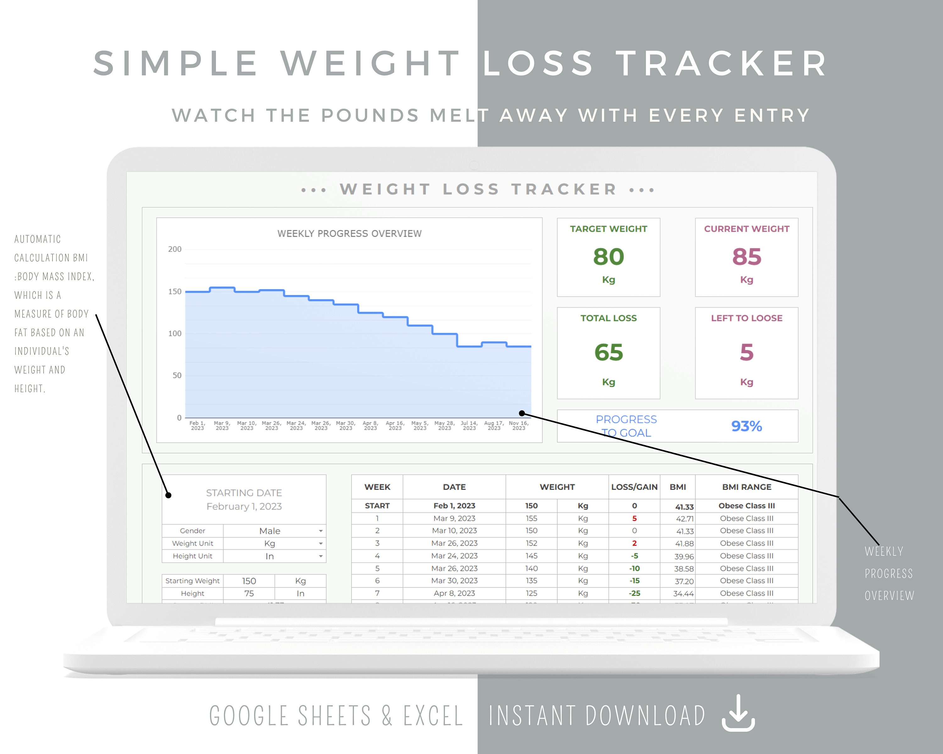 Weight Loss Tracker Excel, Weight Loss Tracker Google Sheets, Weight ...