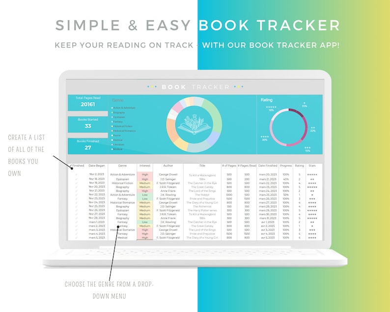 Book Journal Tracker, Book Tracker Excel, Reading Planner, Book Tracker ...