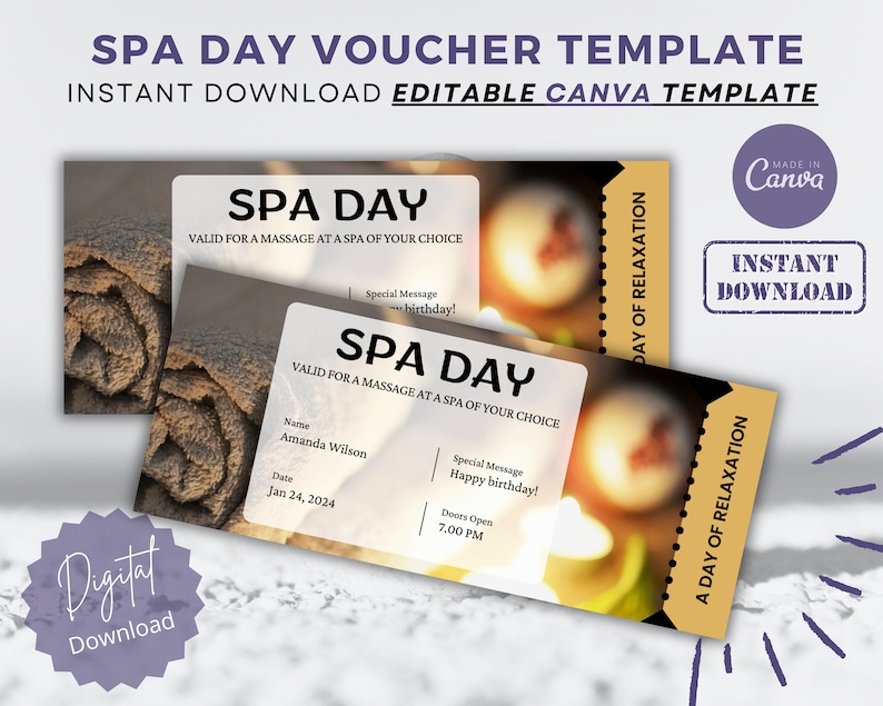 Editable Spa Day Voucher Personalized Massage Coupon Printable Gift ...